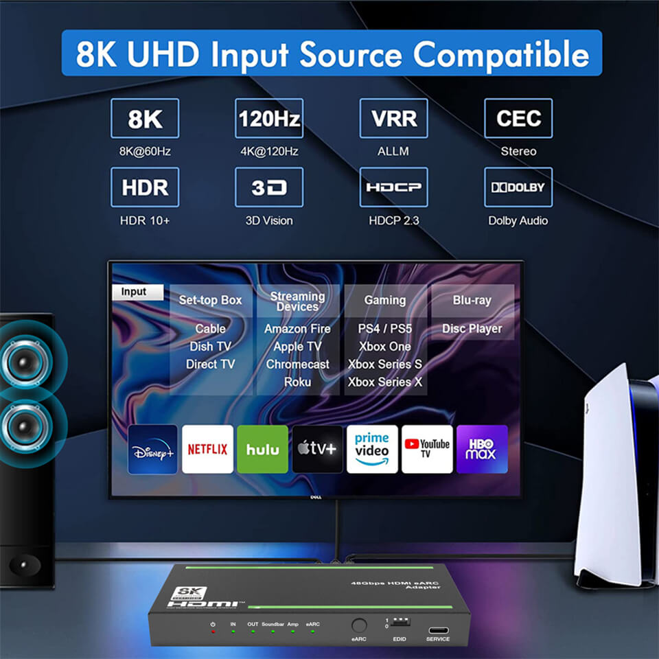 8K HDMI 2.1 eARC Audio Extractor 4K 2160P 120Hz HDMI Splitter PS5 XBox ...