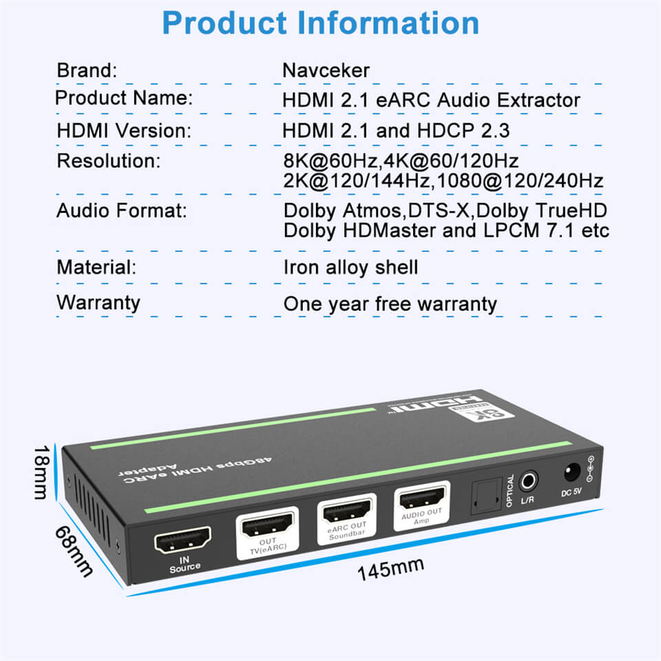 8K HDMI 2.1 eARC Audio Extractor 4K 2160P 120Hz HDMI Splitter PS5 XBox X S – Navceker Store