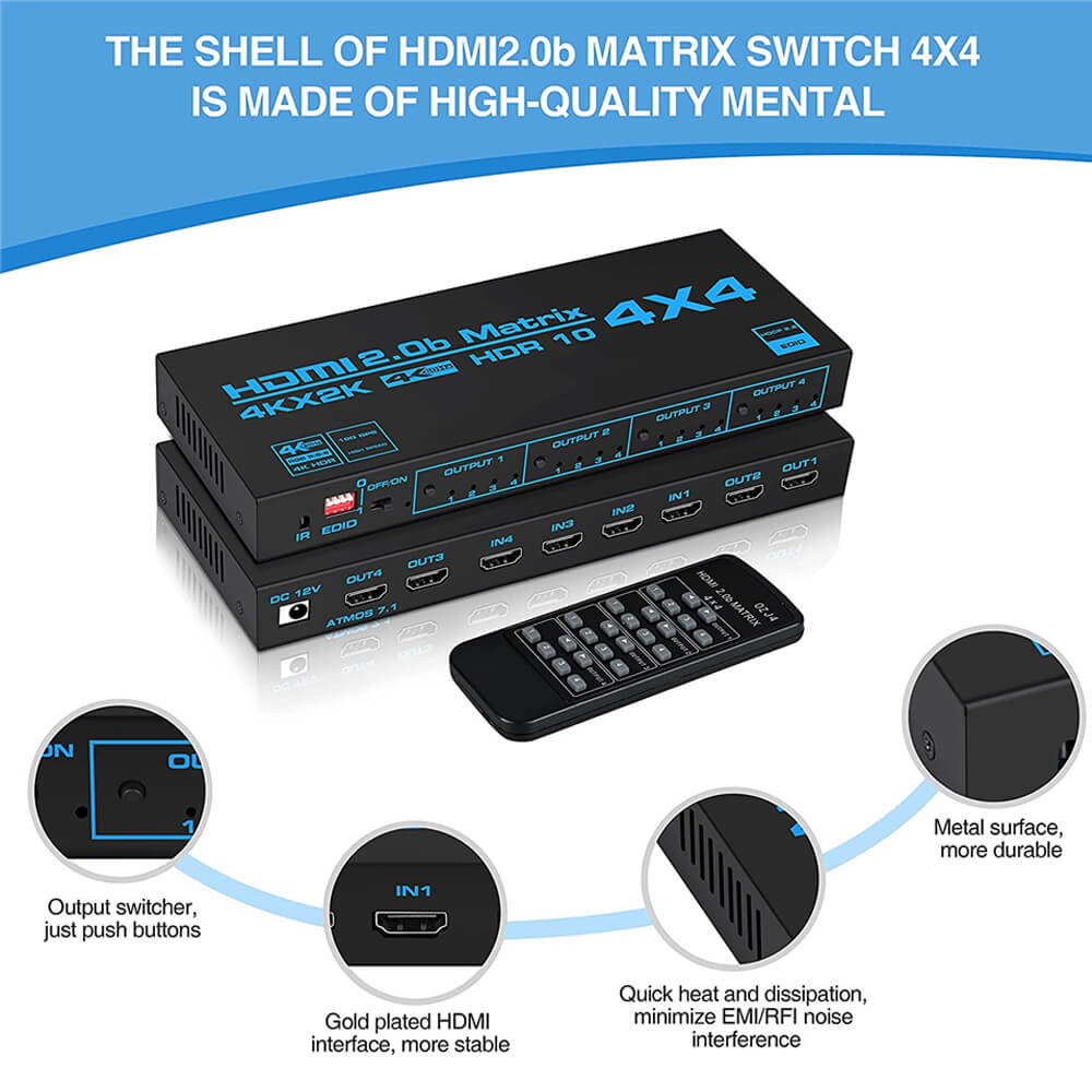 4K 60Hz HDMI Matrix Switch 2.0 4x4 HDMI Splitter Switcher 4 IN 4 OUT – Navceker Store