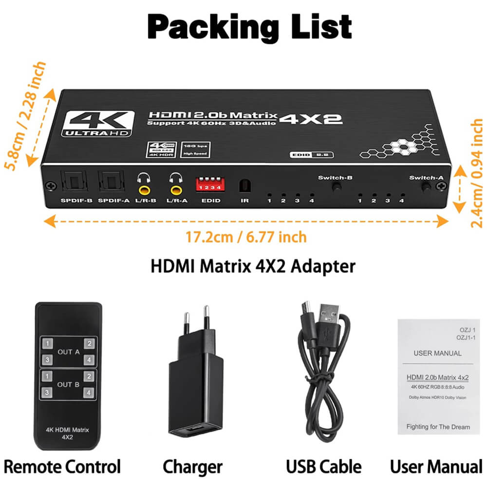 4K HDMI Matrix 4x2 HDMI Splitter Switch 2.0 Optical Audio Extractor – Navceker Store