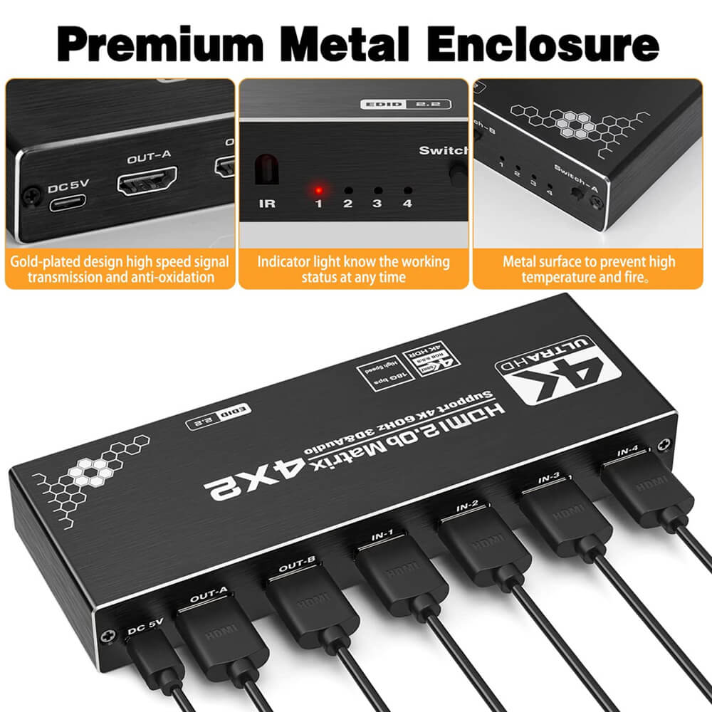 4K HDMI Matrix 4x2 HDMI Splitter Switch 2.0 Optical Audio Extractor ...